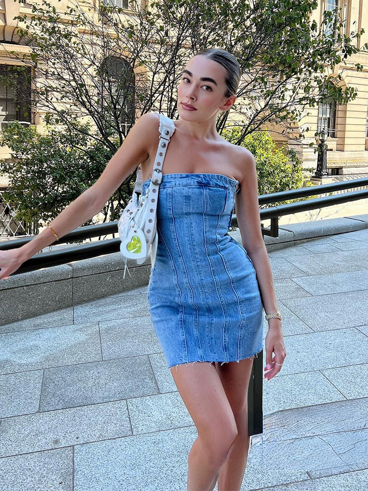 Bare-Shoulder Blue Denim Dress – Bella Chix Co